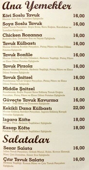 Menu at Middle Restaurant & Cafe, Istanbul