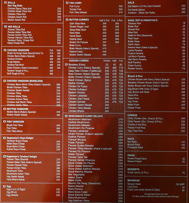 Menu of Kake Da Hotel Since 1931, Malviya Nagar, New Delhi