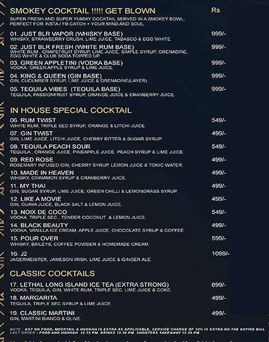 Menu of Just BLR, Brigade Road, Bangalore