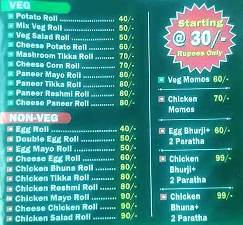 Menu of Roll Corner, Pimple Gurav, Pune