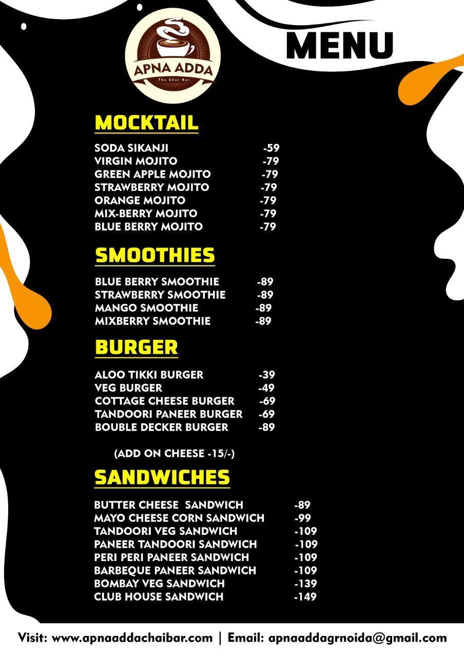 Menu of Apna Adda, Alpha 1, Greater Noida