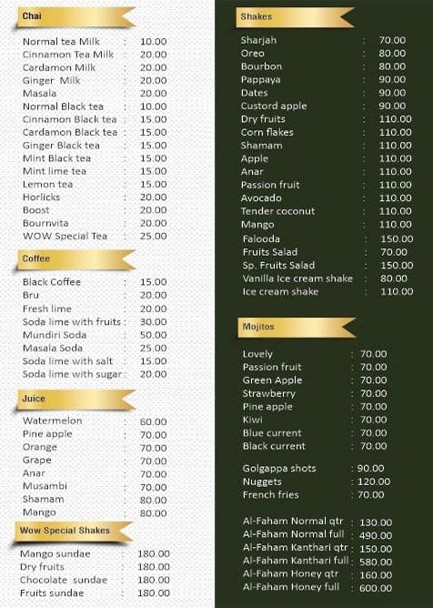 Menu of Wow's Cafe, Cheranalloor, Kochi