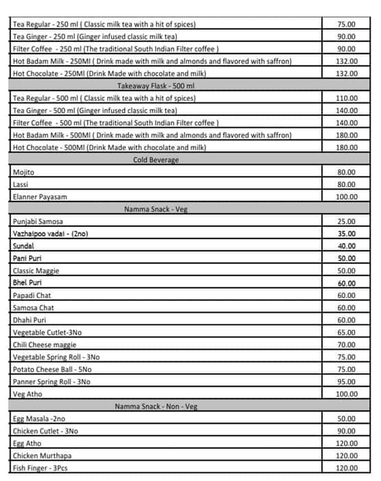 Menu of Namma Cafe, Porur, Chennai