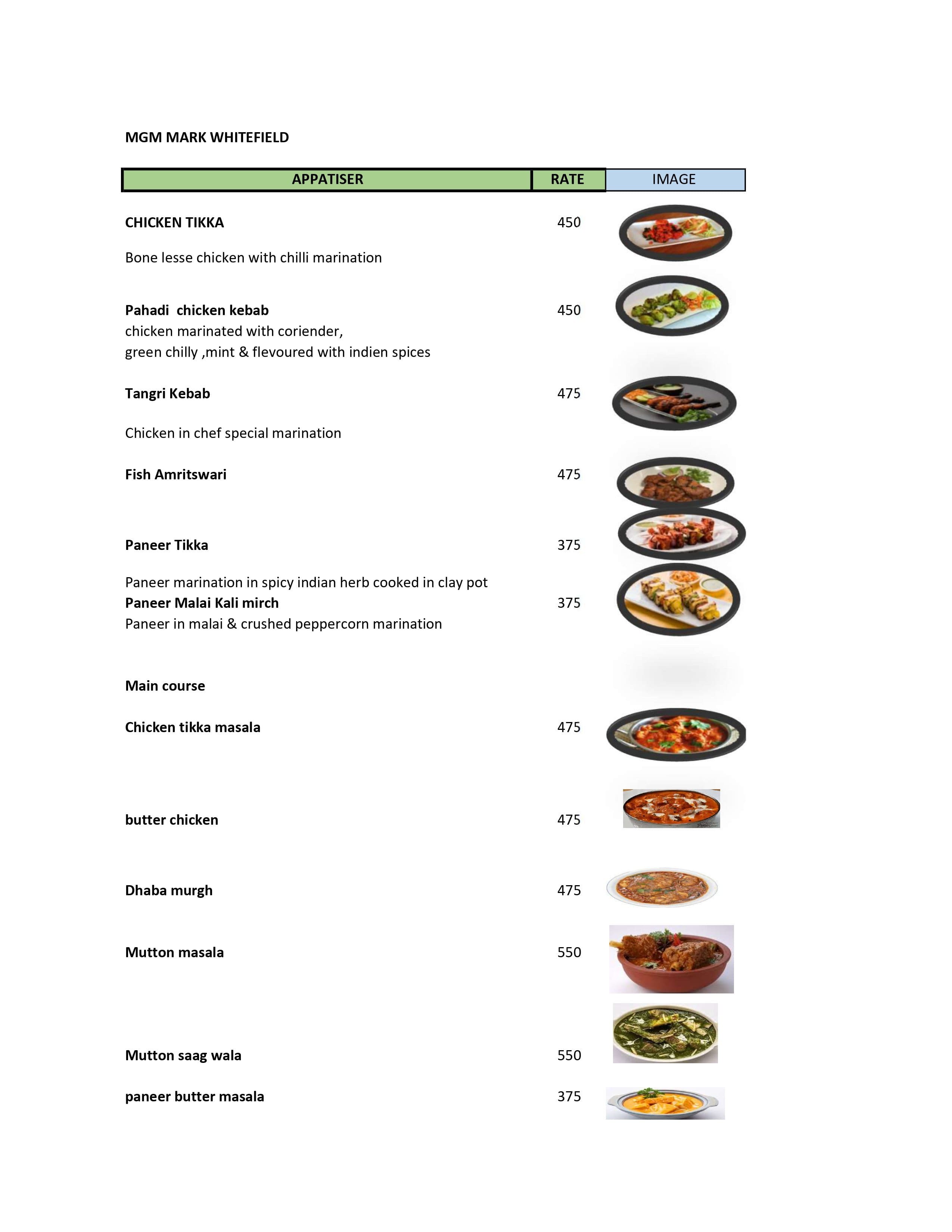 Menu of MGM Mark Whitefield, Brookefield, Bangalore