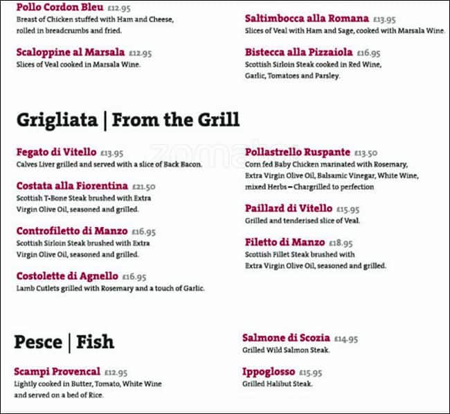 Menu at The Piccadilly restaurant, London