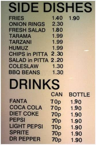 Menu at Terry's Kebab House fast food, London