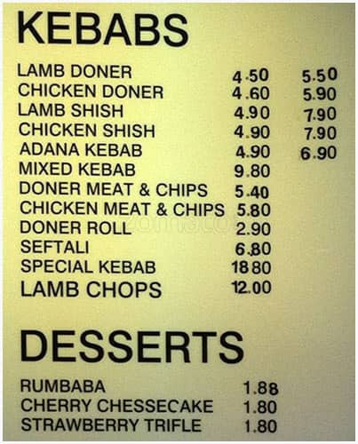 Menu at Terry's Kebab House fast food, London