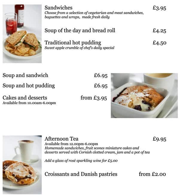 Menu at Café in the Crypt cafe, London, Trafalgar Square
