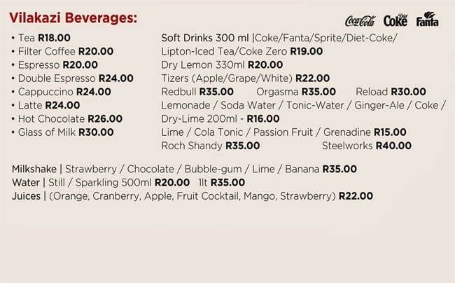 Menu at Restaurant VILAKAZI, Johannesburg
