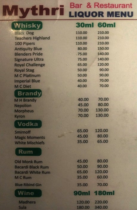 Mythri Bar & Restaurant Menu, Menu for Mythri Bar & Restaurant ...