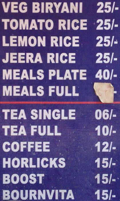 Menu at Tinku Tiffin Center, Hyderabad