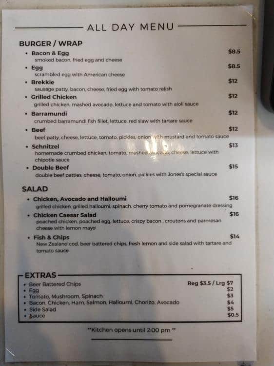 Menu at Jones Street Cafe, Ultimo