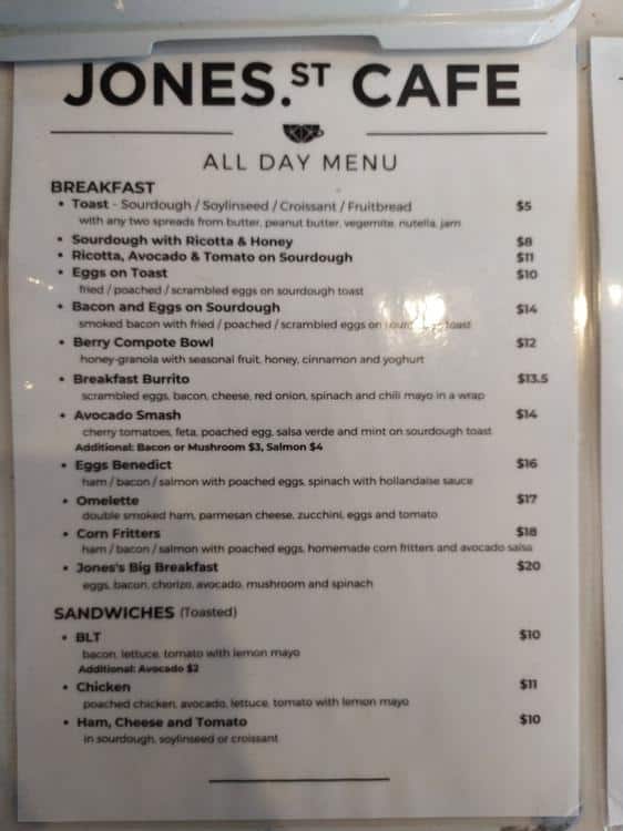 Menu at Jones Street Cafe, Ultimo