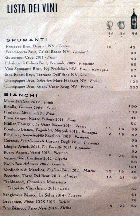 Menu at Via Carota restaurant, New York City