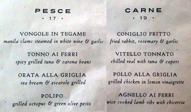 Menu at Via Carota restaurant, New York City