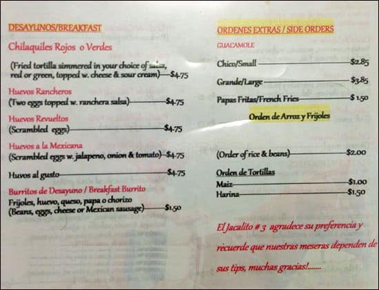 Menu at El Jacalito # 3 restaurant, Arlington