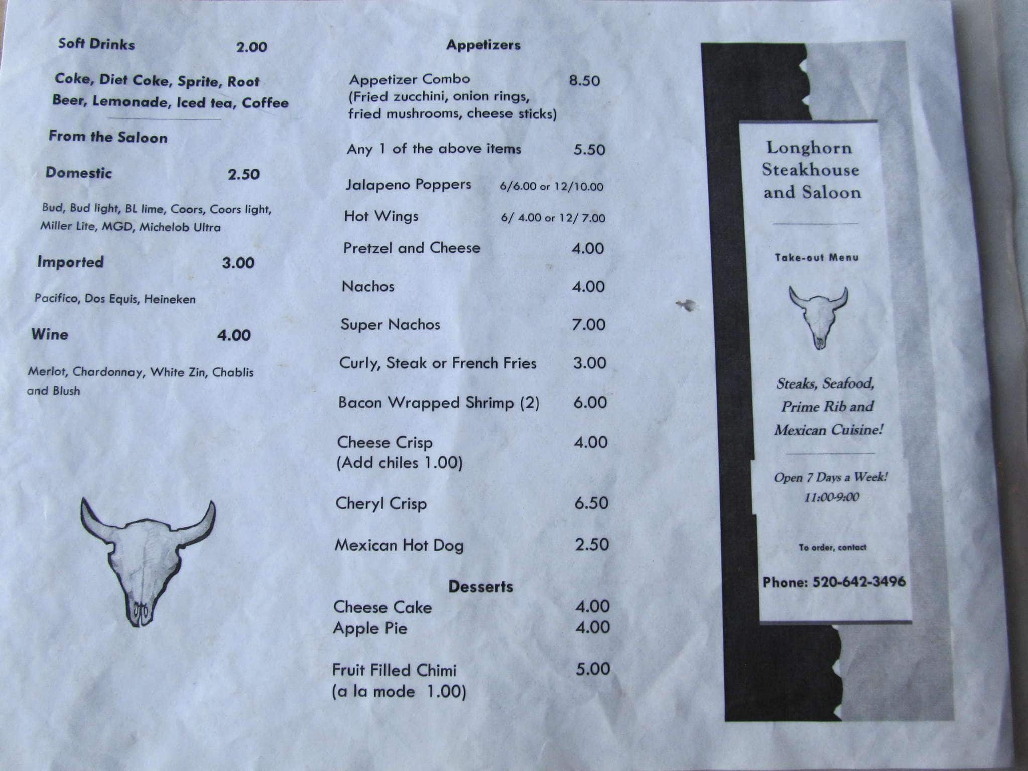 Menu at Sundown Steakhouse, Elfrida