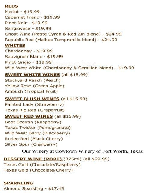 Menu at Cowtown Winery pub & bar, Fort Worth
