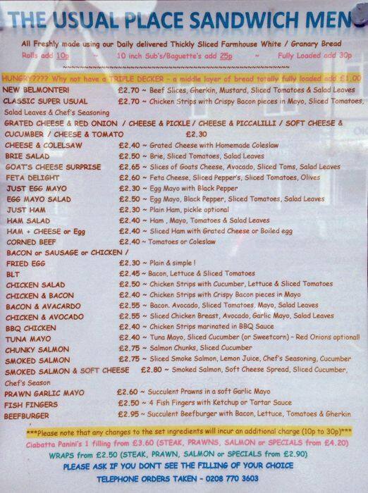 Menu at The Usual Place cafe, Carshalton