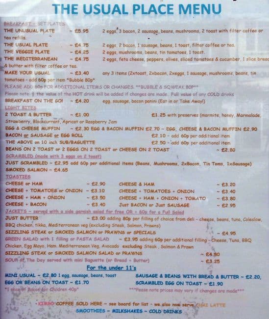 Menu at The Usual Place cafe, Carshalton