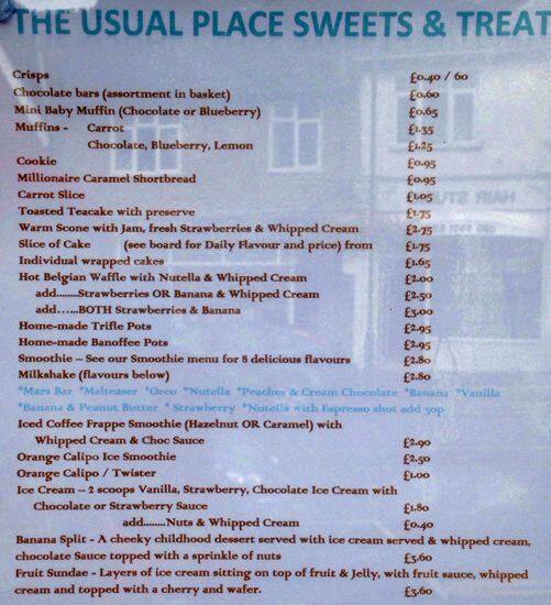 Menu at The Usual Place cafe, Carshalton