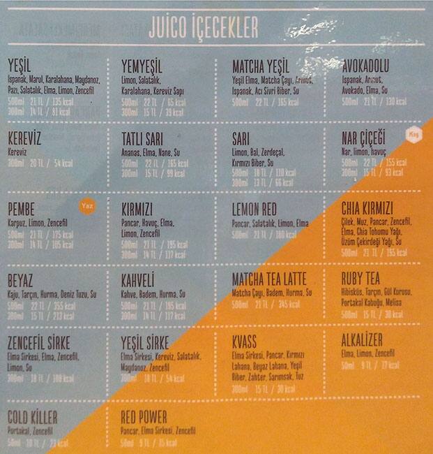 Menu at Juico, Istanbul, Orjin Maslak Plaza