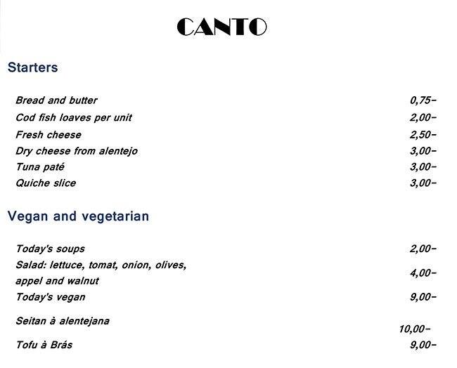 Menu at Canto restaurant, Lisbon, Largo de São Carlos 10