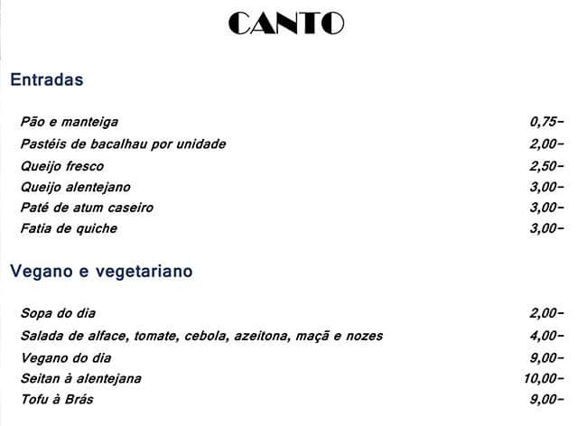 Menu at Canto restaurant, Lisbon, Largo de São Carlos 10