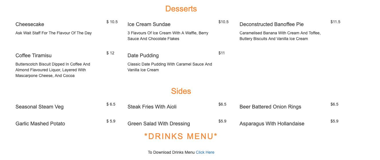 Menu at The Hook restaurant, Lower Hutt