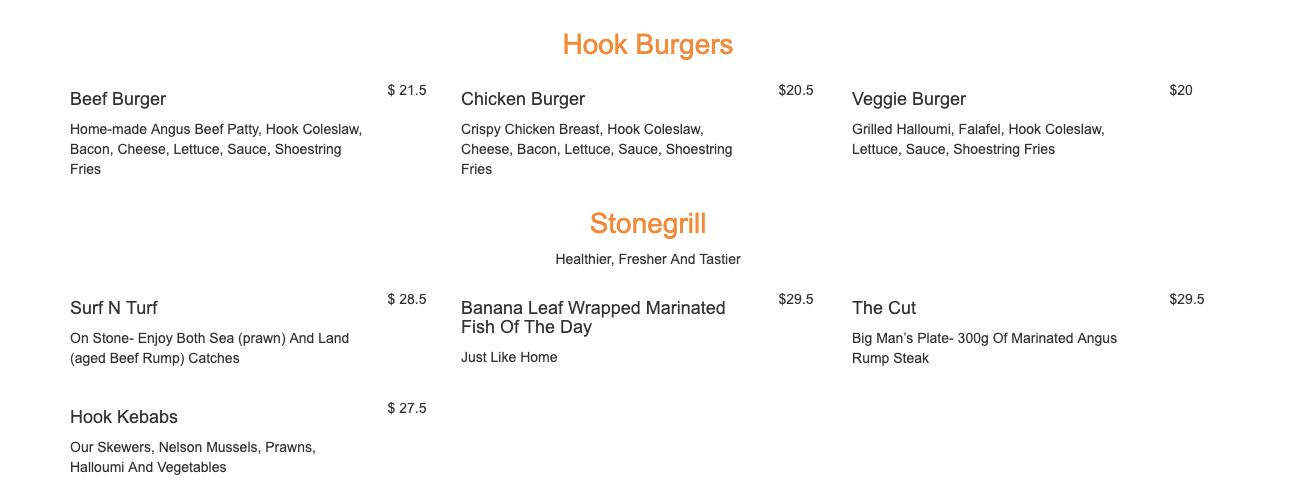 Menu at The Hook restaurant, Lower Hutt