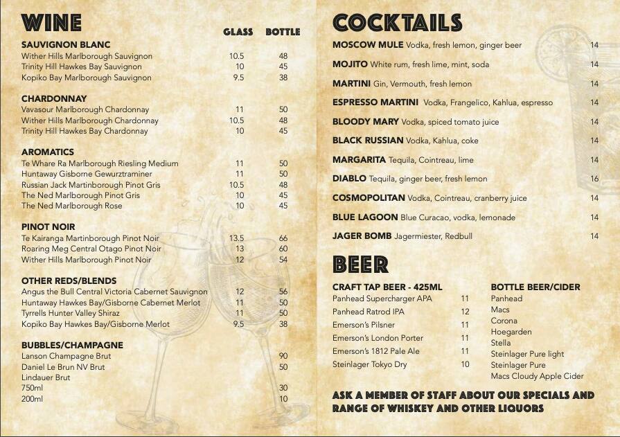 Menu at The Hook restaurant, Lower Hutt