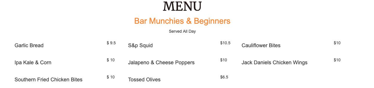 Menu at The Hook restaurant, Lower Hutt