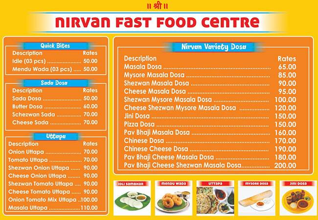 Menu of Nirvan Fast Food Centre, Bhayandar, Mumbai