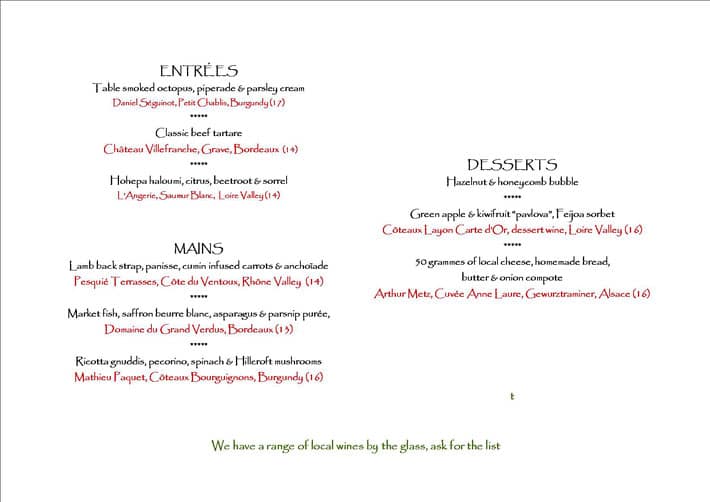 Menu at Poivre et Sel restaurant, Napier