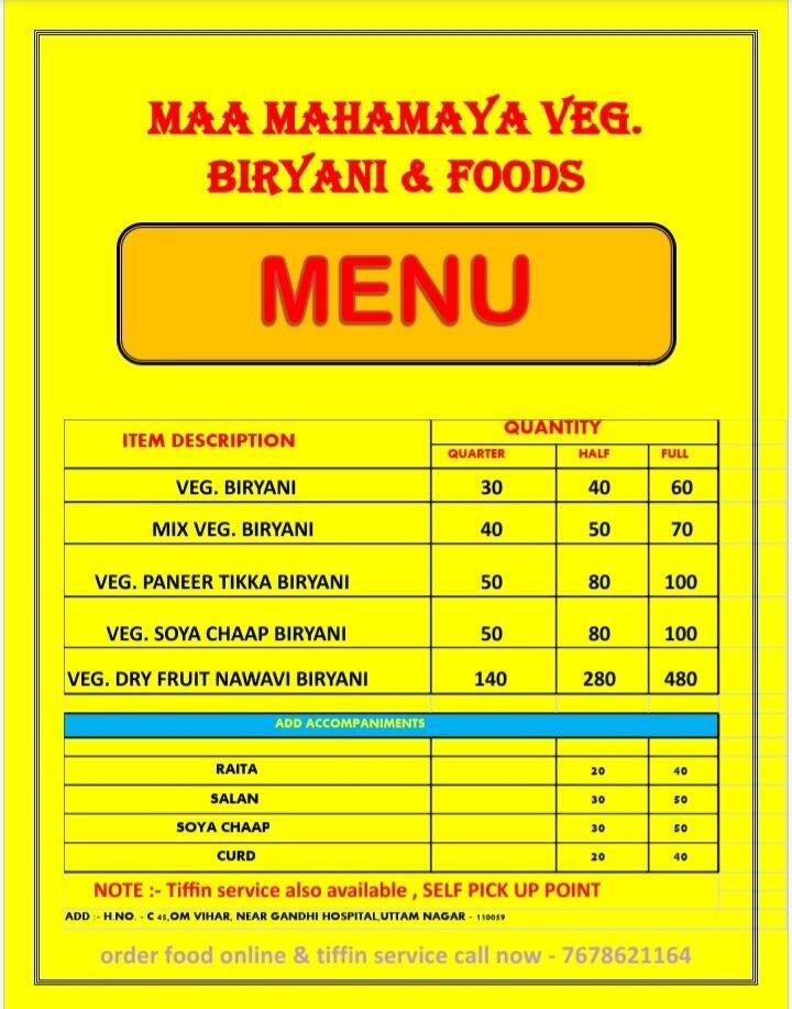 Menu of Maa Mahamaya Veg Briyani And Foods, Uttam Nagar, New Delhi