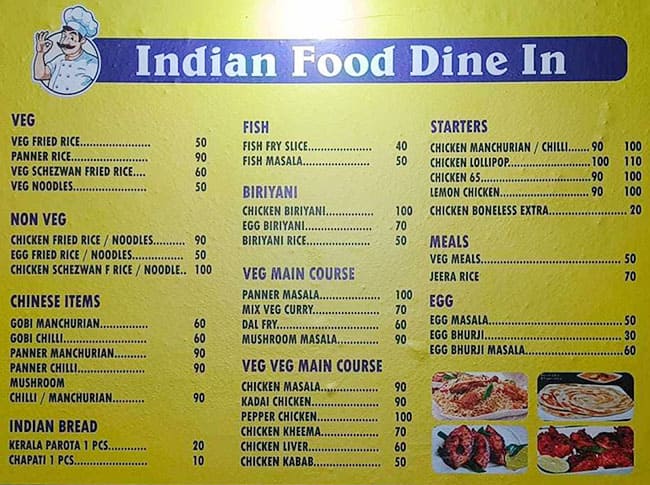 Menu of Indian Food Dine In, Ulsoor, Bangalore
