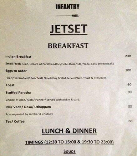 Menu at Jet Set - The Infantry Hotel, Bengaluru