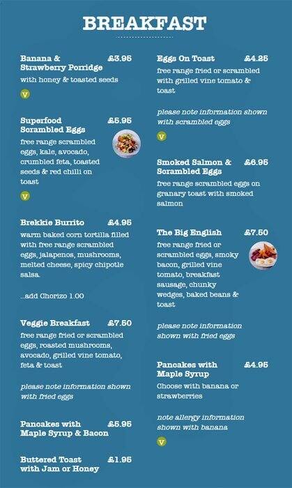 Menu at Giraffe restaurant, London, King's Cross Rd