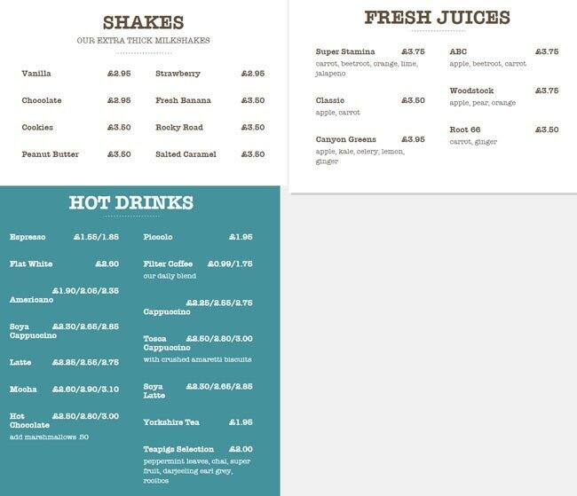 Menu at Giraffe restaurant, London, King's Cross Rd