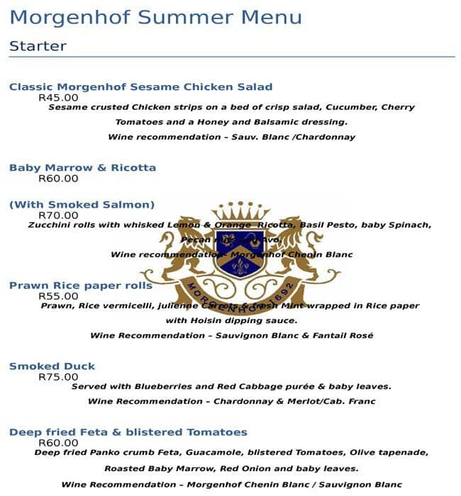 Menu at Morgenhof Restaurant, Cape Town