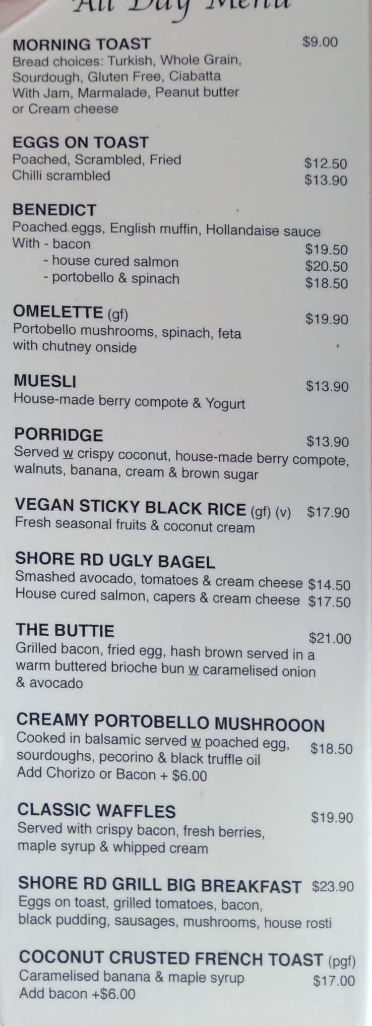 Menu at Shore Road Cafe, Auckland