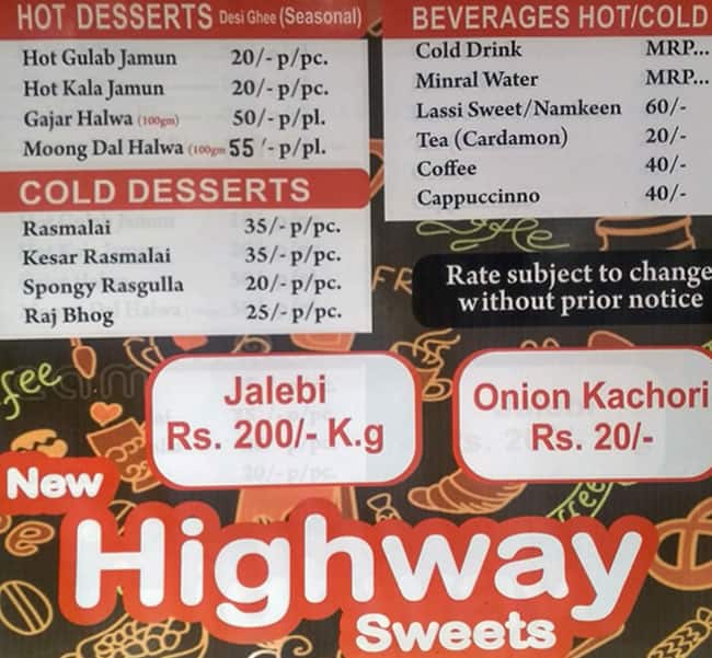 Menu at New Highway Sweets, Chandigarh, SCO 368