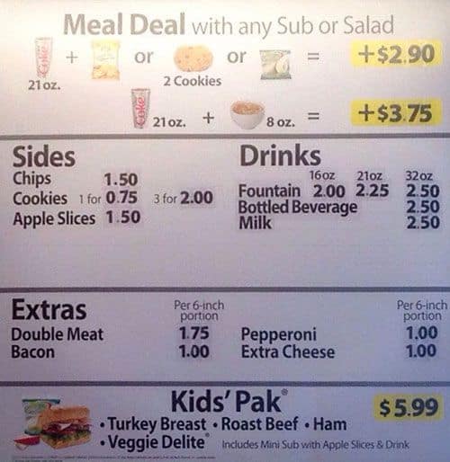 Menu at Subway restaurant, Toronto