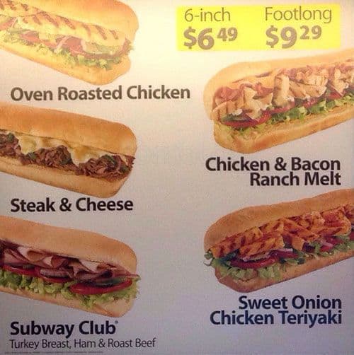 Menu at Subway restaurant, Toronto, 128 Simcoe St