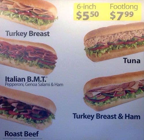 Menu at Subway restaurant, Toronto