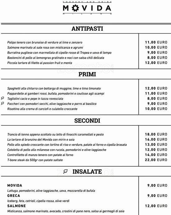 Movida a Milano: Foto del Menu con Prezzi - Zomato Italia