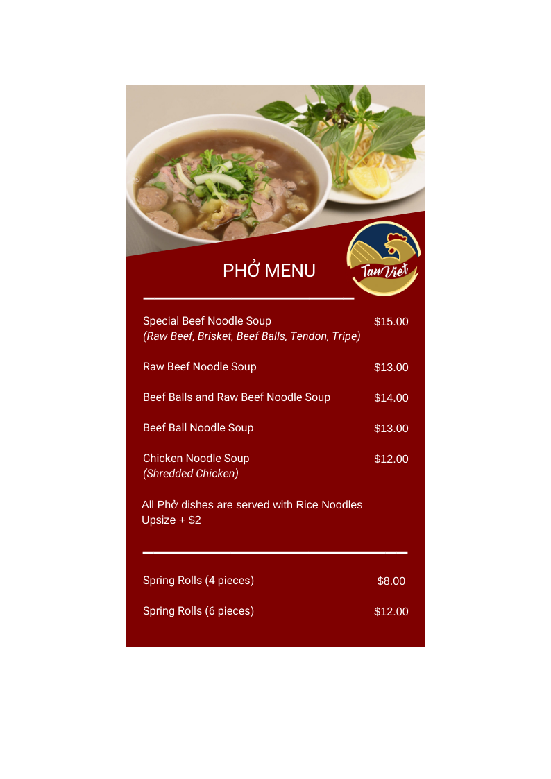 Menu at Tan Viet Noodle House Eastwood restaurant, Eastwood, 209 Rowe St