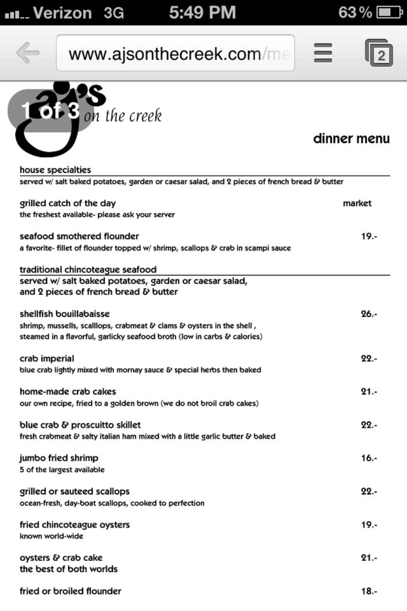 Menu at AJ's on the creek pub & bar, Chincoteague Island