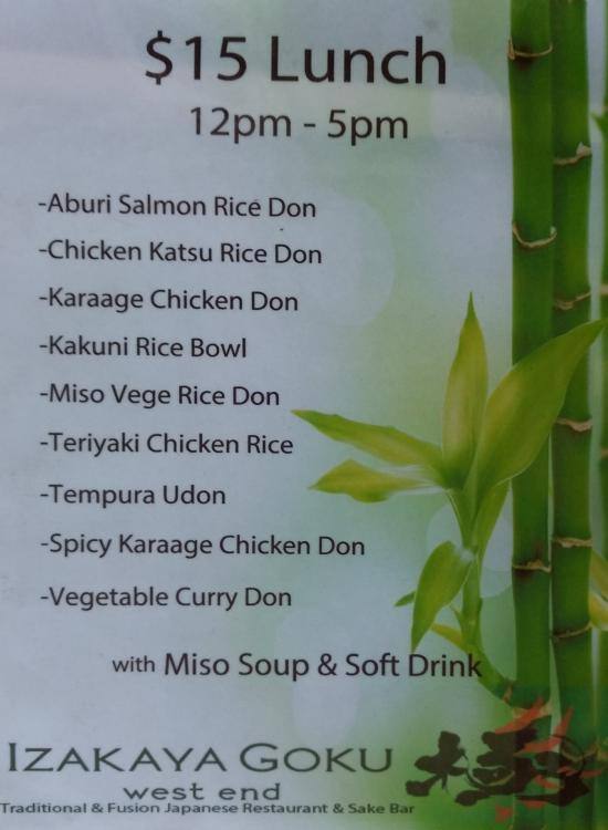 Menu at Izakaya Goku West End restaurant, West End, 68 Boundary St