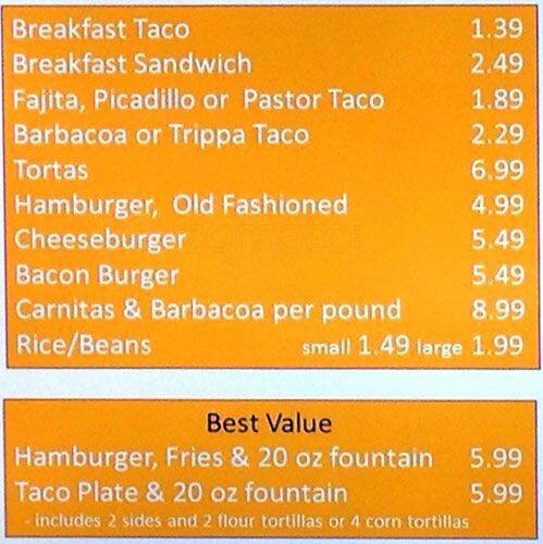 Menu at Cooper's Express fast food, Austin, Ross Road